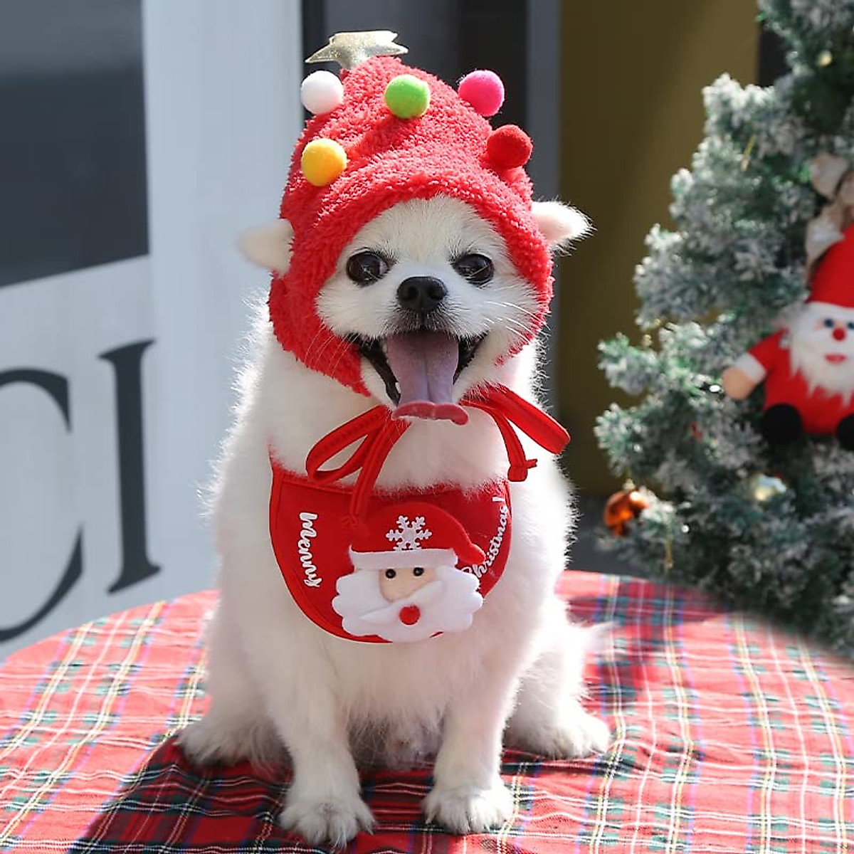 BONICI 2 Pcs-Super Cute Funny Kawaii Dog Puppy Christmas Suit Hat+ Saliva Towel Tissue, Dog Christmas Costume Pet Santa Outfit Santa Reindeer Deer Christmas Green Tree Snowman -Red Hat (S)