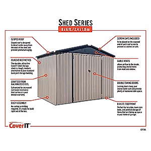 Cover-It 8x6 Metal Outdoor Galvanized Steel Storage Shed with Swinging Double Lockable Doors for Backyard or Patio Storage of Bikes, Grills, Supplies, Tools, Toys, for Lawn, Garden, and Camping, Tan