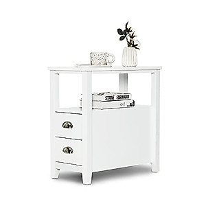 Giantex End Table Wooden W/ 2 Drawers and Shelf Space-Saving Rectangular Bedside Table with Metal Handle, Retro Side Table for Living Room Bedroom Home Furniture Side Table (1, White)