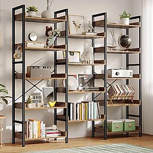 Rolanstar Bookshelf 5 Tiers with 4 Hooks, Triple Bookcase with Open Display Shelves, Industrial Wide Bookshelf with Metal Frame for Living Room, Office, Rustic Brown