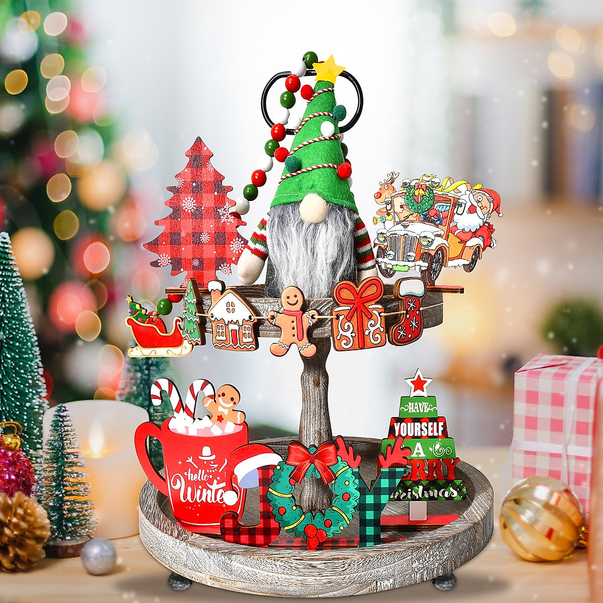 ZTBBW Christmas Decor - Christmas Tiered Tray Decorations Set, 12 PCS Farmhouse Tiered Tray Christmas Decor Wooden Signs Gnome Plush, Indoor Christmas Decorations for Home Office Table Centerpiece