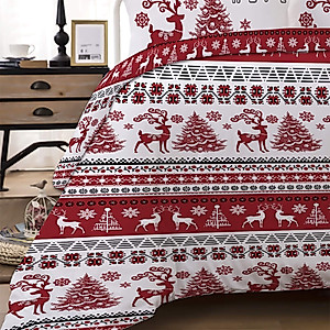 WONGS BEDDING Christmas Duvet Cover Set King 3 Pieces Red Deer Tree Snowflake Pattern Printed Bedding Comforter Cover with Zipper Closure for New Year Holidy,Soft Microfiber Set King Size 90"x 103"