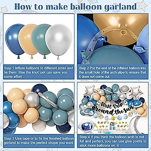 First Trip Around the Sun Birthday Decorations- 74pcs Outer Space Balloon Garland Kit with Banner Cake Topper Astronaut Foil Balloons for Boy 1st First Birthday Baby Shower Space Galaxy Party Supplies