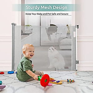 Retractable Safety Gate for Baby and Pets 34" Tall, Extends to 55" Wide，Mesh Child Gate for Stairs,Doorways, Hallways,Gray
