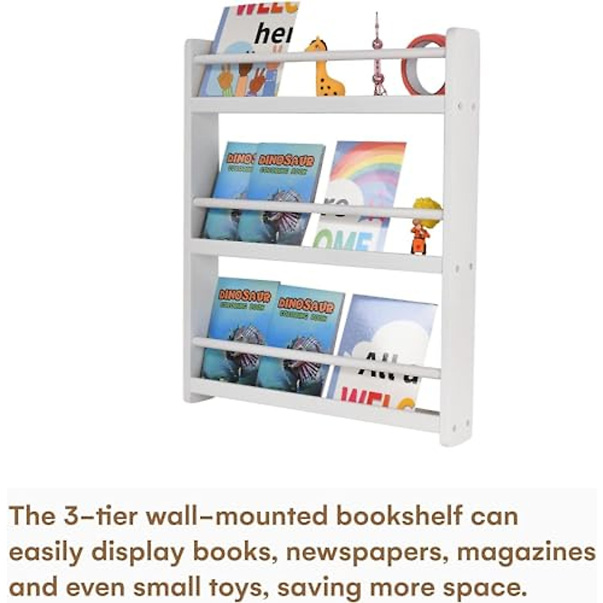 Childlike Behavior 3-Tier Wood Bookshelf Organizer for Kids - White, Wall Mount