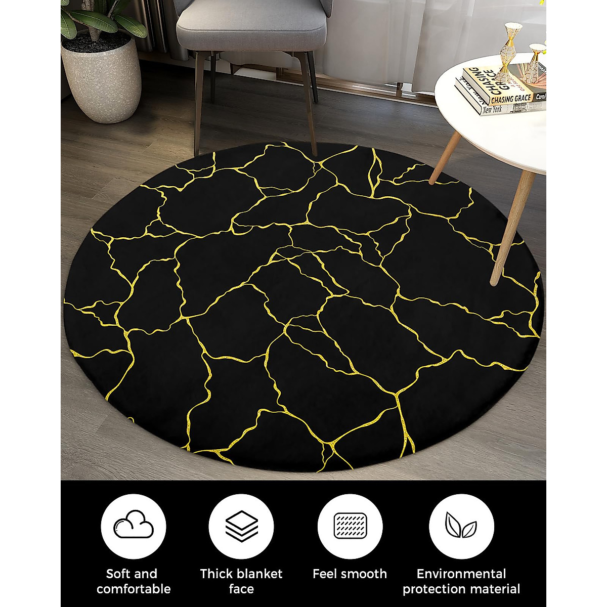 Black Gold Fluffy Round Area Rug Carpets 4ft, Plush Shaggy Carpet Soft Circular Rugs, Non-Slip Fuzzy Accent Floor Mat for Living Room Bedroom Nursery Home Decor Modern Geometric Abstract Art