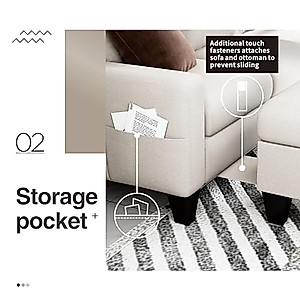 Beige Sectional Sofa Couch L Shaped Couchs with Ottoman Convertible 3 Seat Sofas for Living Room Small Space Apartment, Ottoman with Storage Space