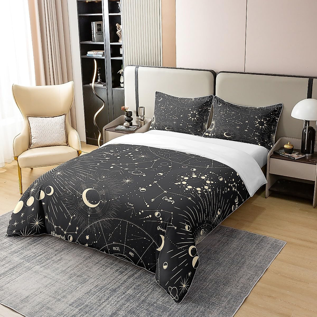 jejeloiu Sun Moon Duvet Cover 100% Cotton Queen Size 1 Panel Boho Exotic Bedding Cotton Duvet Cover Set Solar System Galaxy Astrology Space Bedspread Cover