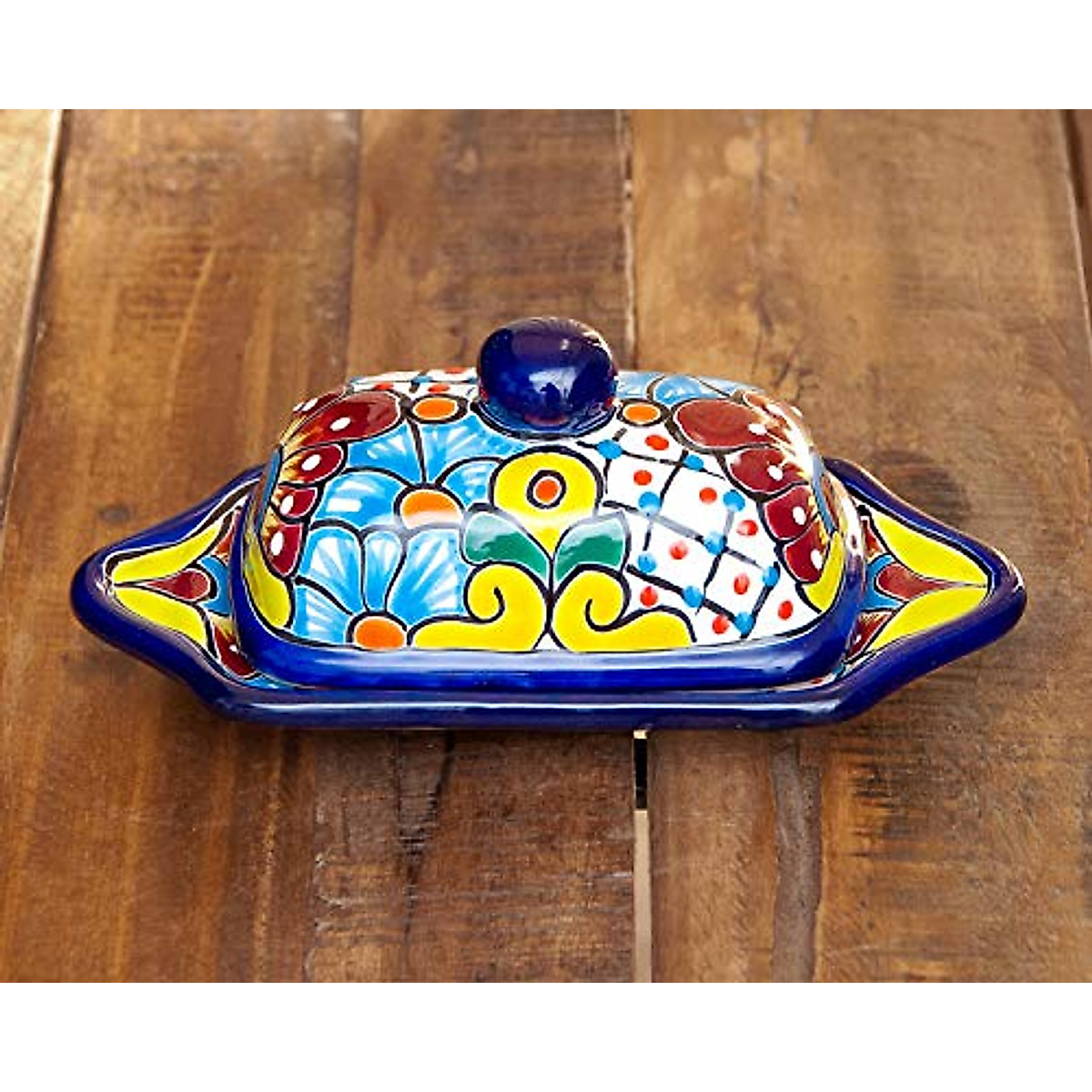 Enchanted Talavera Pottery Hand Painted Ceramic Butter Dish Kitchen Butter Holder Spanish Hand Painted Floral Design (Cobalt Blue Multi)