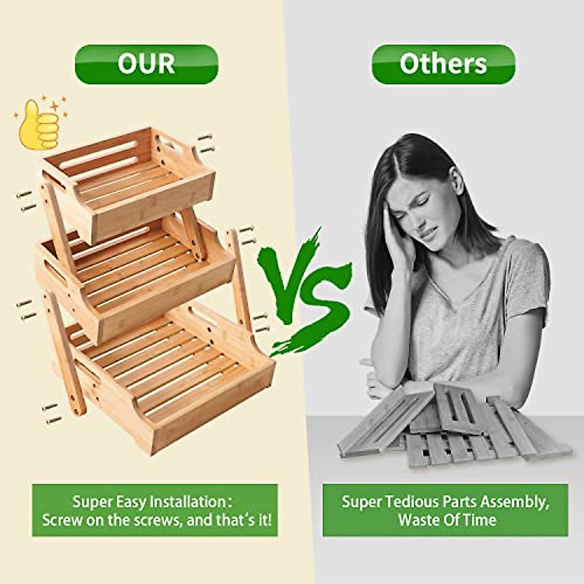 ETECHMART Bamboo Fruit Basket, 2 Tiers Fruit Bowl For Kitchen Counter, Large Capacity Detachable Vegetable Bread Storage Basket Banana Holder Stand