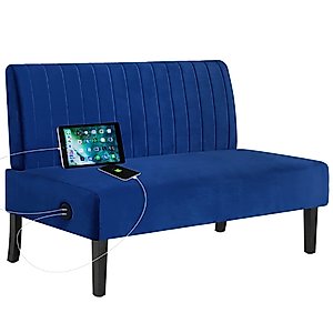 STHOUYN Mini Small Comfy Couch Armless Loveseat Sofa for Bedroom with USB Port, Velvet Small Couches for Small Spaces Living Room, Apartment Office Dorm (Navy Blue)