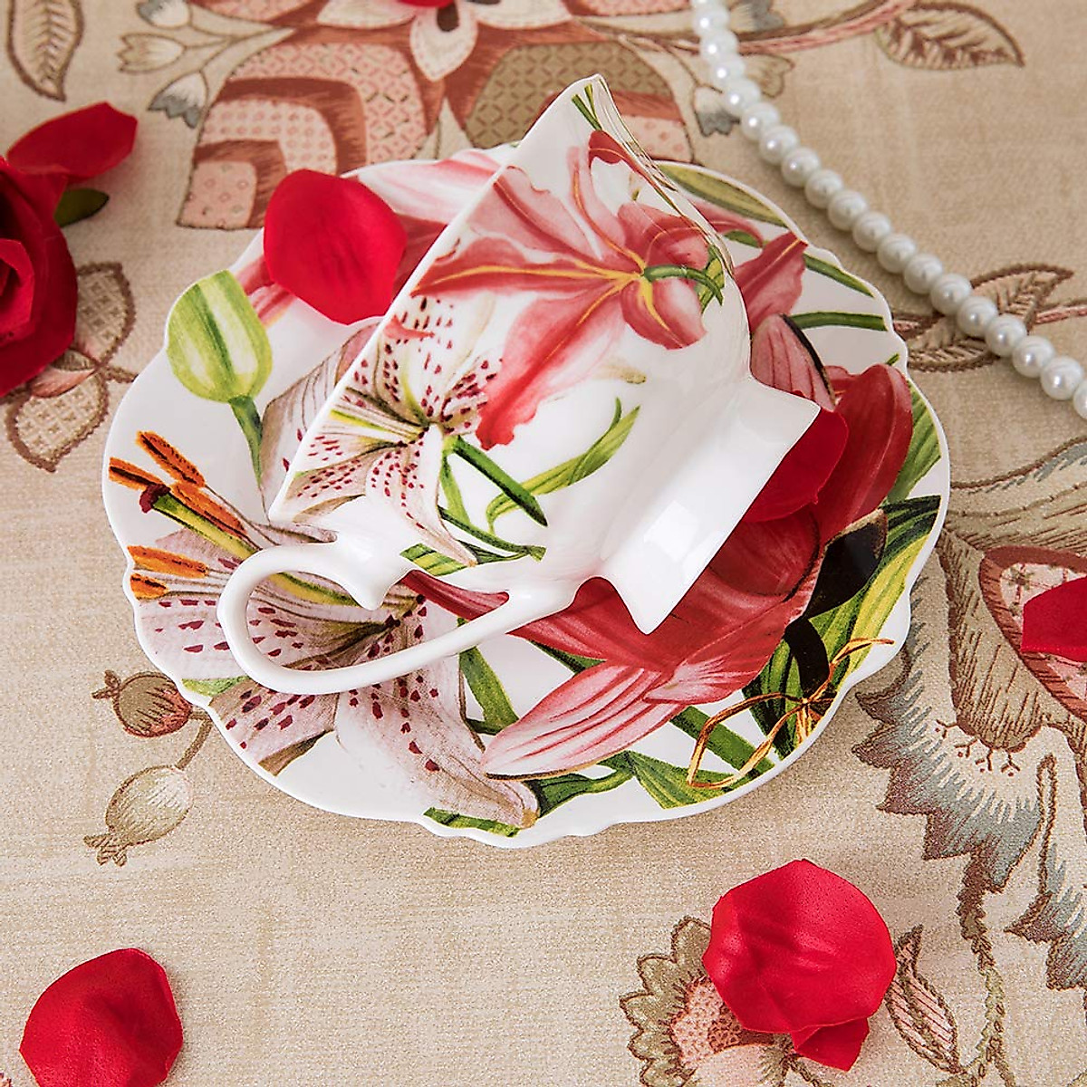 PULCHRITUDIE Eileen's Reserve Teacup and Saucer Set Fine China Tea Party Gift, Set of Four…