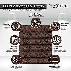 KEEPOZ [24 Pack Wash Cloths Set (12 x 12 Inches) | 100% Cotton Ring Spun Cotton | Soft and Fluffy | Highly Absorbent Fade Resistant Essential Washcloths for Bathroom, Gym, Spa and Face Towel (Brown)