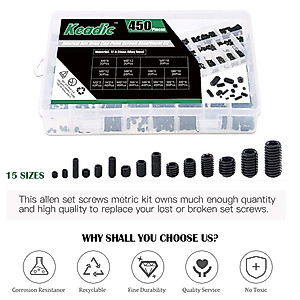 Keadic 450Pcs Internal Hex Drive Cup-Point Screws Assortment Kit, 15 Sizes Alloy Steel Hex Socket Set Cap Point Grub Screws, Socket Head Cap Screws Grub Screws, Metric, Black (M3 M4 M5 M6 M8)