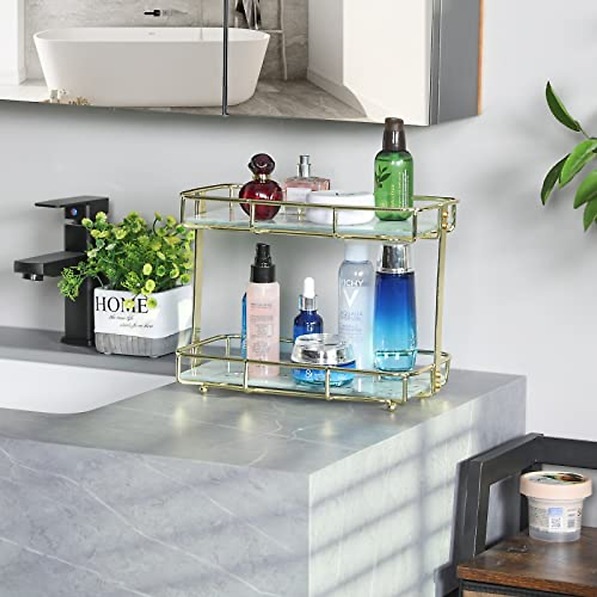 X-cosrack 2-Tier Bathroom Organizer Countertop, Bathroom Countertop Storage Shelf with Removable Marble Glass Tray, Vanity Tray Cosmetic Organizer Holder White