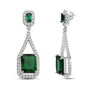 Jewelili Sterling Silver Octagon Simulated Emerald and Round White Clear Crystal Dangle Earrings