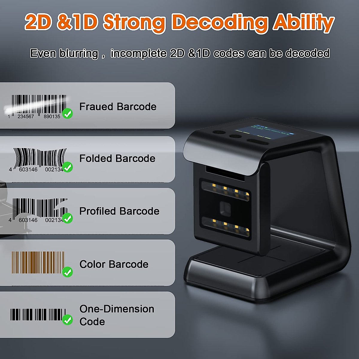 Alacrity 2D QR Wireless Hands-Free Omnidirectional Desktop Barcode Scanner, with Screen Display and Large Capacity Batteries, Compatible with Bluetooth & 2.4GHz Wireless, for Airport, Supermarket