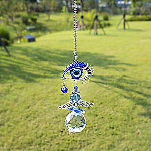 Hanging Crystal Angel Suncatcher Blue Evil Eye Protection and Good Luck Charm Chandelier Lamps Pendant(12.5in)