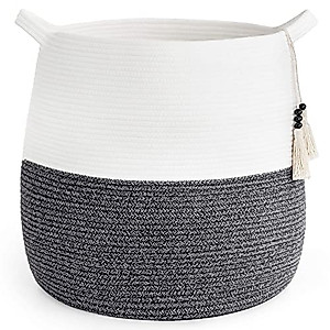 Goodpick Cute Round Storage Basket, Baby Nursery Hamper for Blankets, Clothes, Toys, Woven Rope Basket for Living Room, Decor, Toy Bin, Grey, 17.71 x 14.9 inches