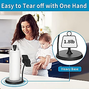 Multi-Function Black Paper Towel Holder Countertop with Phone Holder, Easy One Hand Tear Paper Towel Holder Stand with Weighted Base Spring Arm for Most Sizes Paper Roll for Kitchen Paper Towel Rack