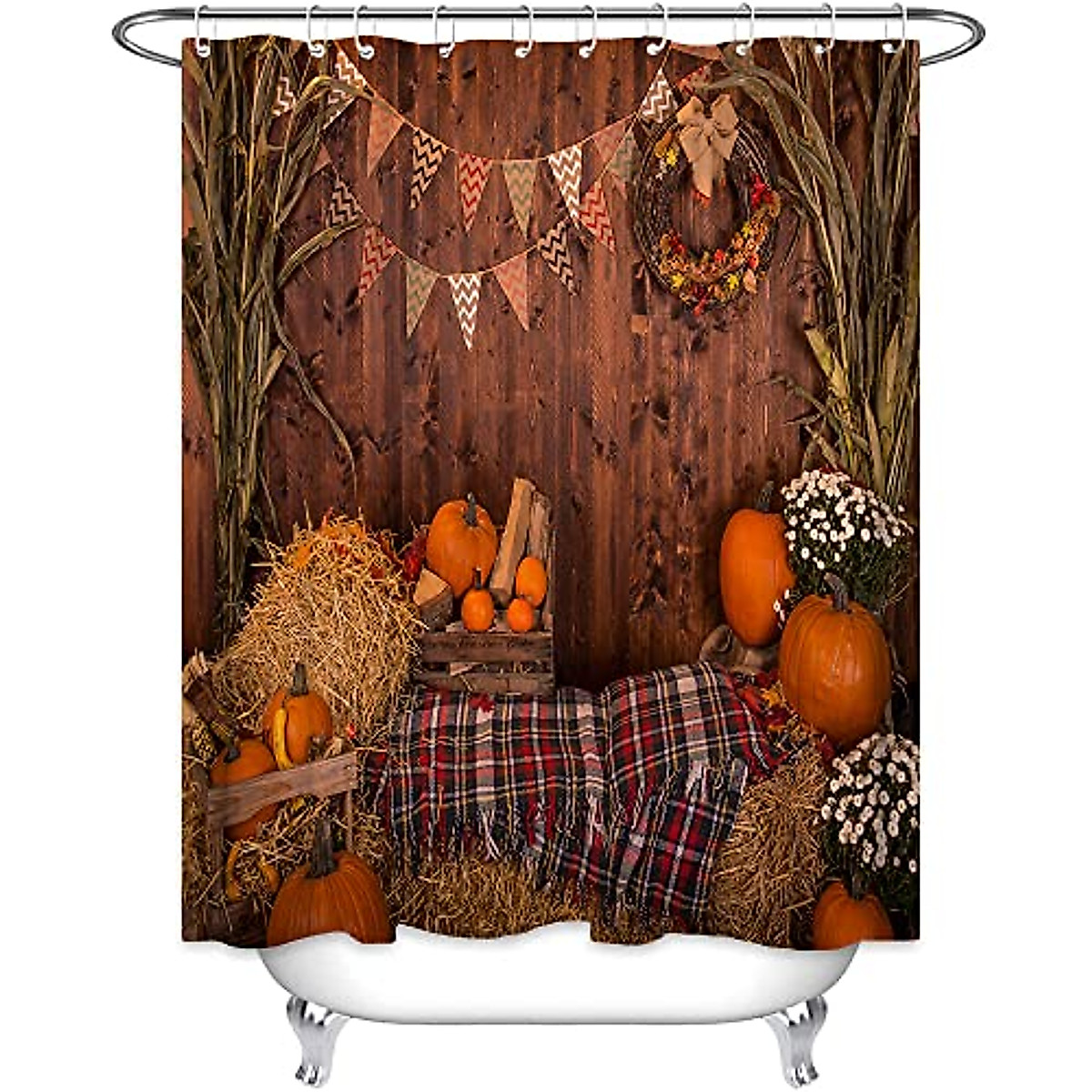 4Pcs Rustic Banner Pumpkins Farmhouse Shower Curtain Set with Non-Slip Rugs, Toilet Lid Cover Bath Mat, Pumpkins Maple Leaves Shower Curtain with 12 Hooks for Bathroom (Rustic Banner Pumpkins)