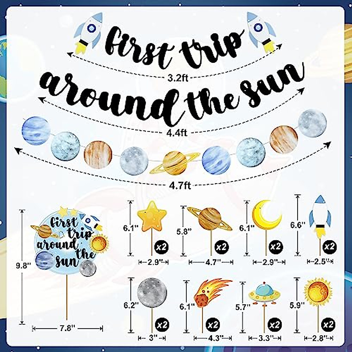 First Trip Around the Sun Birthday Decorations- 74pcs Outer Space Balloon Garland Kit with Banner Cake Topper Astronaut Foil Balloons for Boy 1st First Birthday Baby Shower Space Galaxy Party Supplies