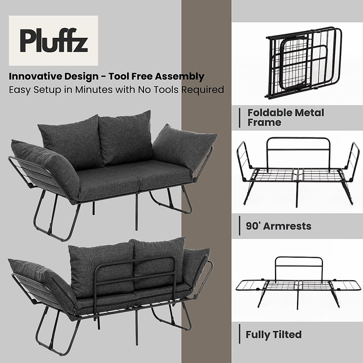 Pluffz Modern Folding Futon Sofa Bed Convertible Recliner Lounge for Living Room - Comfortable Sleeper Couch with Adjustable Armrests, Full Size Mattress, Ideal for Small Spaces, Offices and RVs
