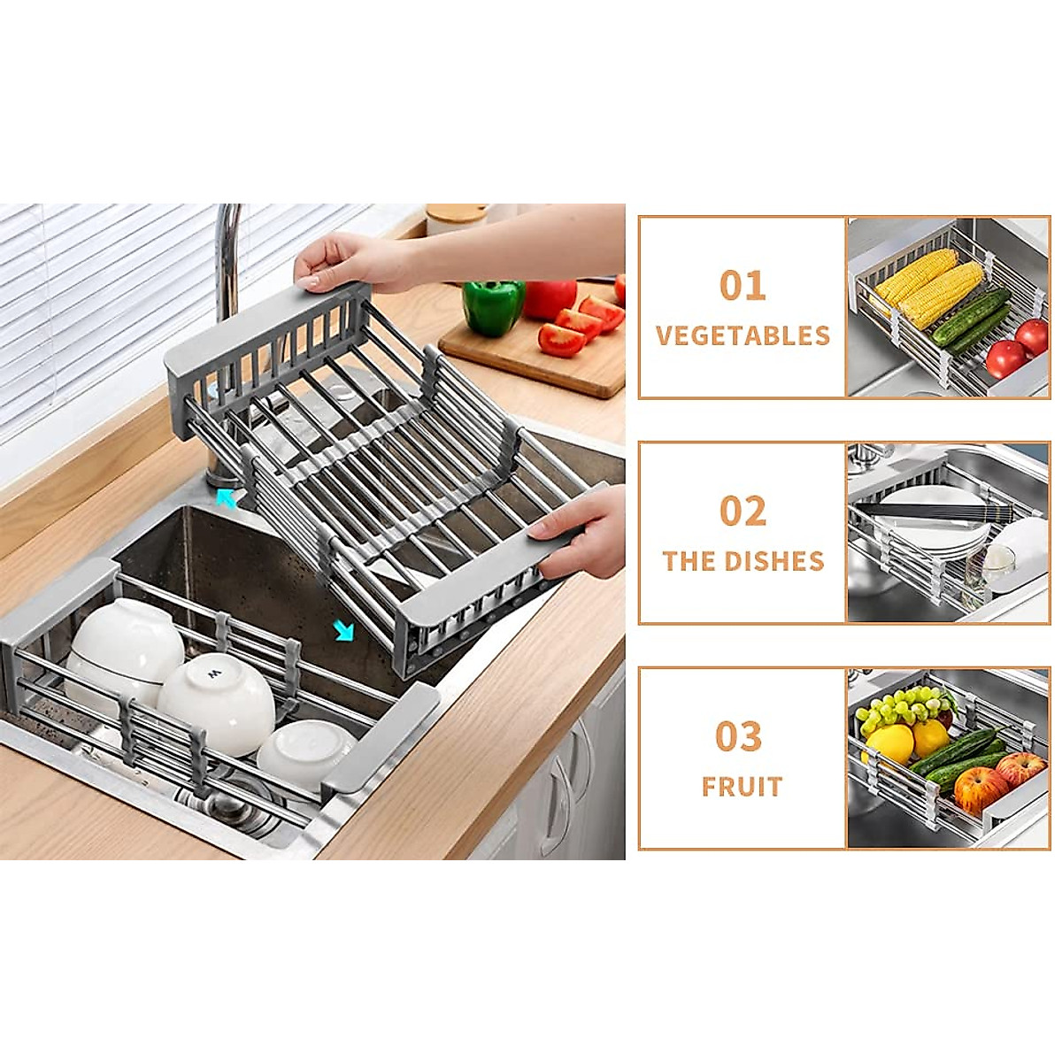 NANGAO Over The Sink Drain Strainer Basket Stainless Steel Small Drying Rack Collapsible Colander for RV Camper, Expandable Fruits Vegetables Bottle Washing Basket Kitchen Gadgets