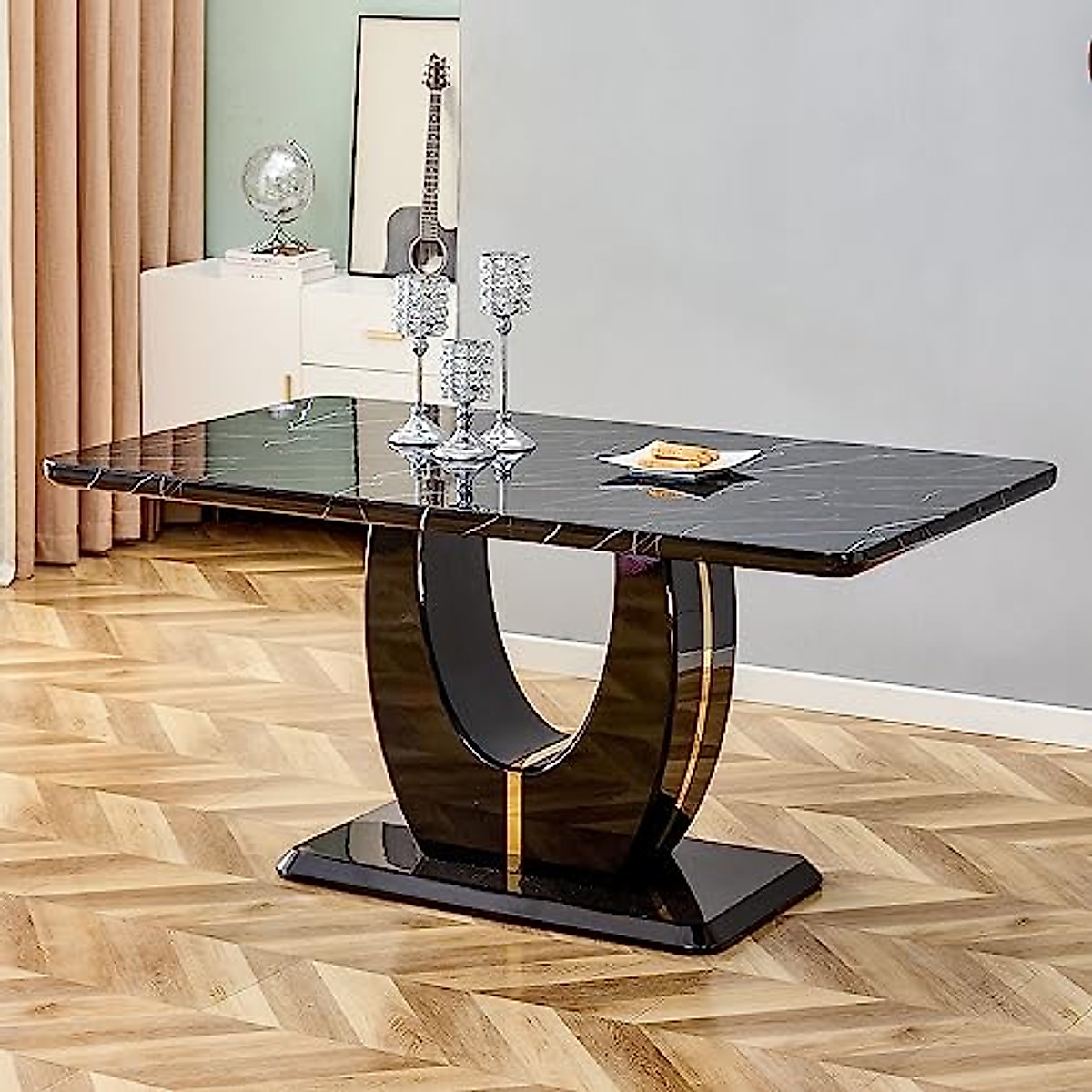 Black Marble Dining Table for 4-6 People, 64inch Modern Kitchen Table with Faux Marble Tabletop and Hevy-Duty U-Shape Base, Large Long Dining Room Pedestal Table for Dining Room