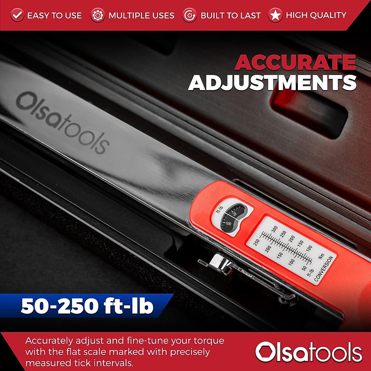 Olsa Tools Digital Torque Wrench, 1/2-Inch Drive (12.5-250 ft-lb Torque Range) | ±1% CW and ±2% CCW Torque Accuracy | Premium Ratcheting Adjustable Torque Wrench | Professional Grade