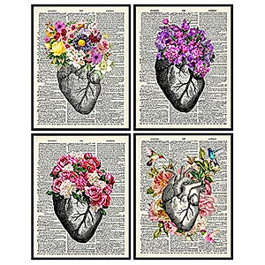 Heart Anatomy Wall Art Decor Set - Vintage Rustic Shabby Chic Floral Home Decorations for Cardiac, Coronary, Cardiology Patients, Medical Office - Gift for Doctor, Nurse Cardiologist - 8x10's UNFRAMED