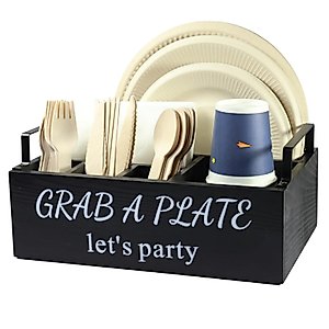 Paper Plate Holder, Utensil Caddy Organizer, Wood Paper Plate Dispenser, Silverware Caddy Holder, and Disposable Coffee Bar Accessories Box for Kitchen Counter, Party, Camping, Picnic (6 compartment)