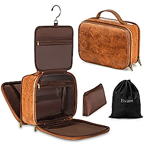 Elviros Travel Toiletry Bag for Men and Women, Large Hanging Leather Makeup Bags Organizer, 2 in 1 Water-resistant Cosmetic Case for Bathroom Toiletries Accessories (Brown)