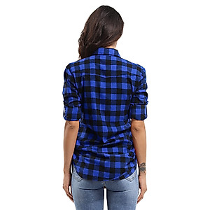 OCHENTA Women's Roll Up Sleeve Button Down Plaid Flannel Shirt Fall Casual Tops D005 Blue Black XS