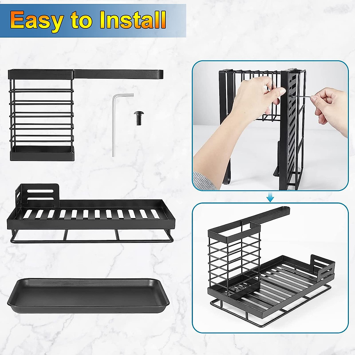 ROMINVIC Sink Caddy Organizer,Kitchen Caddy for Sponge Dishcloth Brush Holder with Black Drain Tray and 2 Sponge Holders 304 Stainless Steel Rustproof