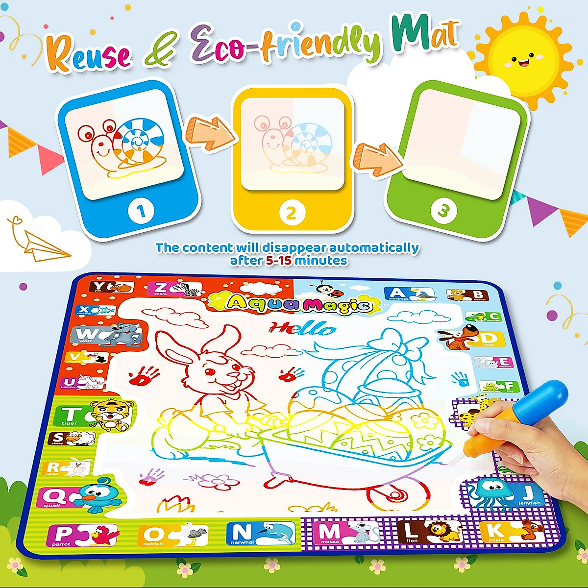 YEEBAY Water Doodle Mat,Learing Toys for 3,4 Year Old Girls/Boys - Mess Free Painting Writing Doodle Activity Mat - Ideal Gifts for Aged 3+ Toddler, Kids