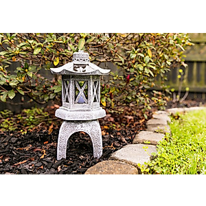 VP Home Solar-Powered Pagoda Garden Statues - Japanese Zen Lantern Outdoor Decor with Flickering LED Light - Durable Polyresin for Yard, Patio, or Garden - 12 x 7 x 6 Inches (Zen Garden Pagoda)