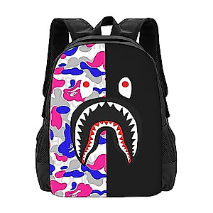 AIRPO Fashion Shark Backpacks Bright Navy Pink Camouflage Large Capacity Laptop Daypack Lightweight Backpack Travel Hiking Bag For Women Men