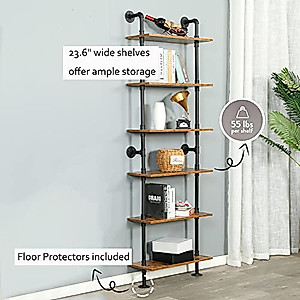 Industrial Pipe Shelving, 6-Tier Pipe Shelves Ladder Shelf, Modern Bookcase Wall Mount Bookshelf with Metal Frame, Book Shelves Wall Decor Wood Shelves for Home, Living Room, Office(23.6x9.8x78.8)
