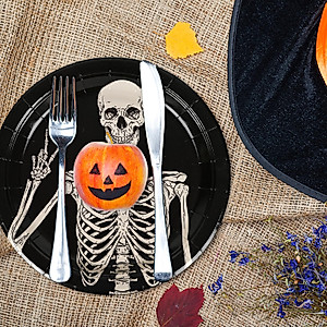 AnyDesign Halloween Paper Plates Disposable Spooky Skeleton Plates 9 Inch Decorative Tableware Dessert Plates for Holiday Party Decor Supplies, 24Pcs