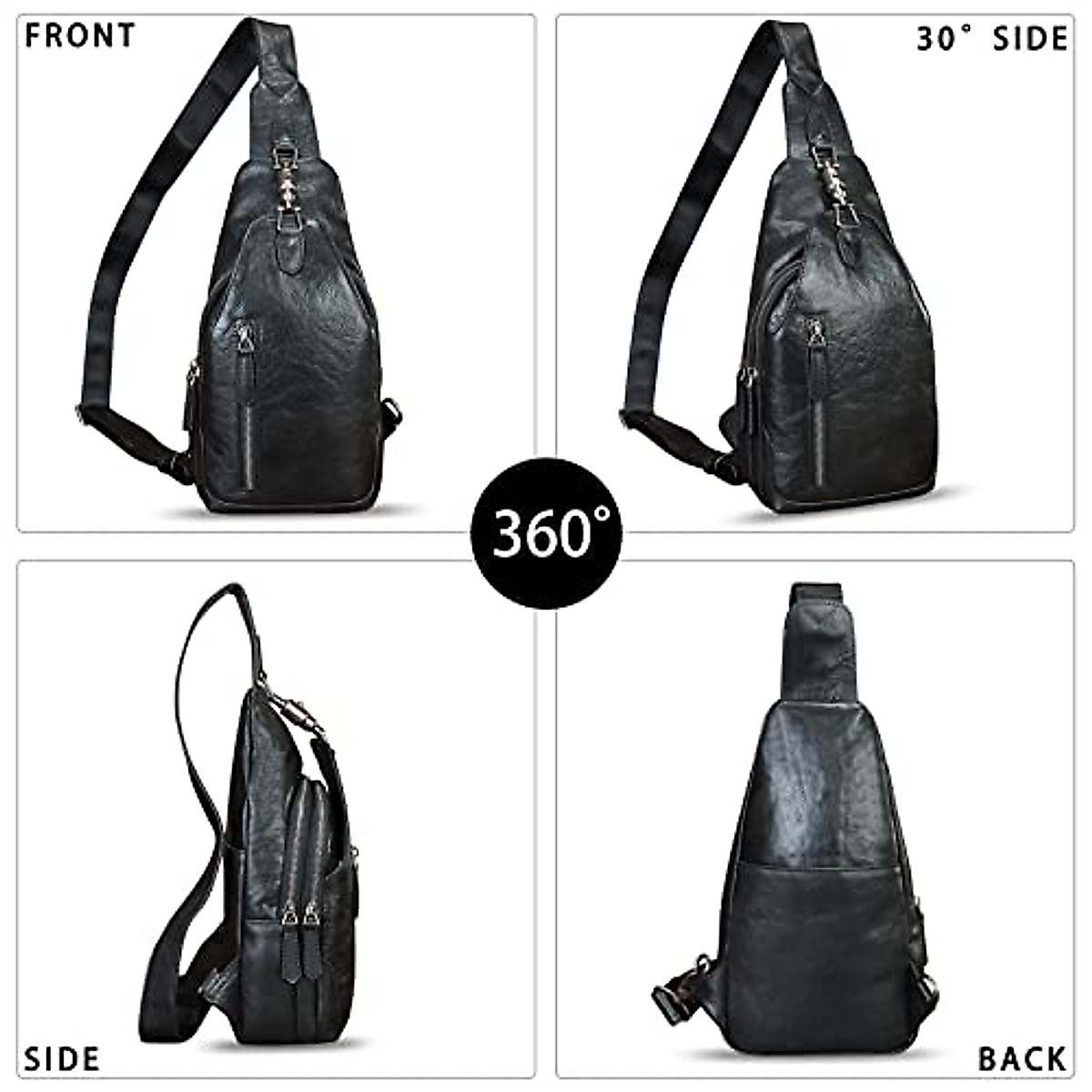 FEIGITOR Genuine Leather Sling Bag Retro Crossbody Sling Backpack Handmade Chest Shoulder Bag Daypack Purse Fanny Pack (Black)