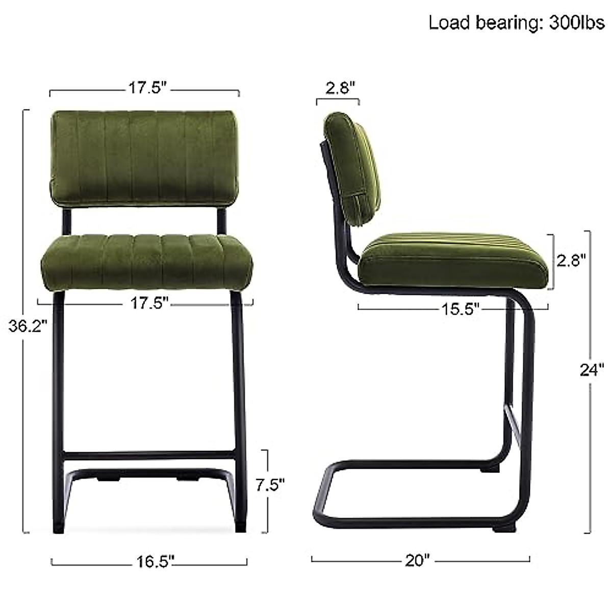 ONEVOG Modern Counter Height Stools with Velvet Backrest, 24Inch Solid Metal Legs Bar Stool Set of 2, Barstools for Kitchen Dining Party, Sturdy Bar Chairs (Green)