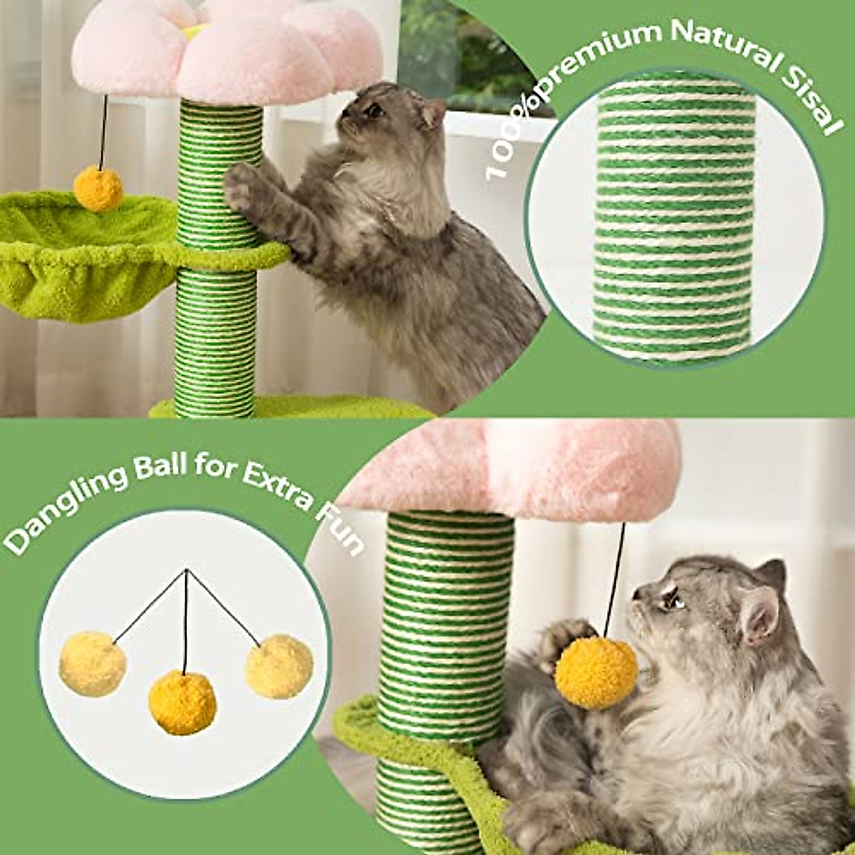 PET WONDERLAND Cute Cat Tree 29 Inches Pink Flower Cat Tower with Scratching Post for Small Cats,Green Cat Hammock Bed,Plush Perch,Cozy Platforms,Unique cat Scratcher,Cat Furniture for Indoor Cats