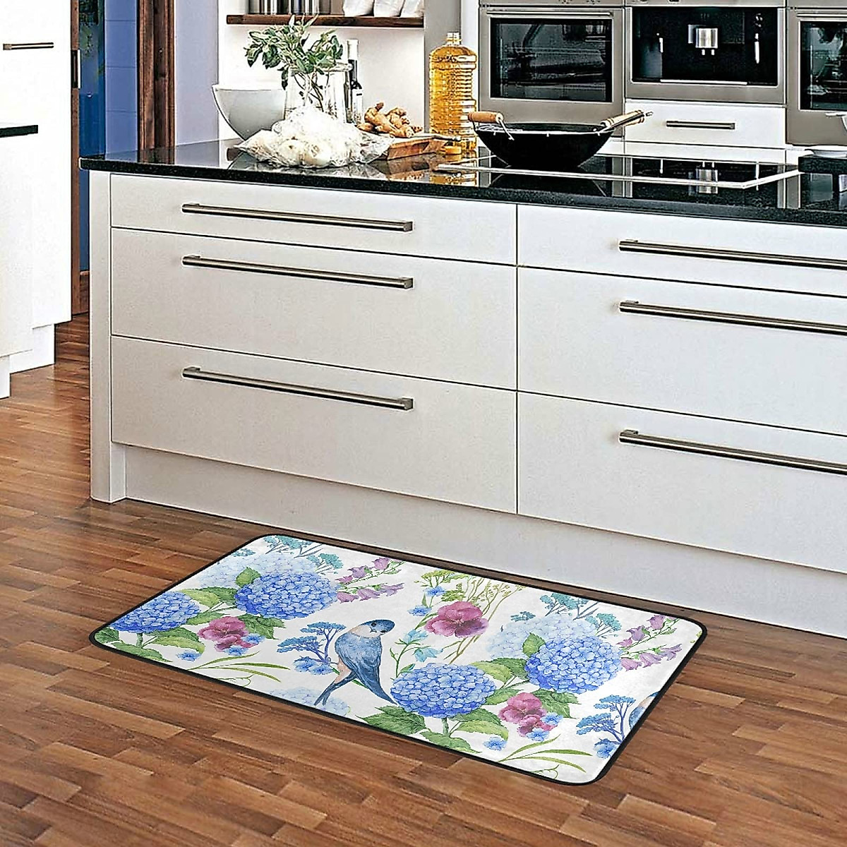 Bird with Blue Hydrangea Kitchen Rug 39 X 20 inch Non Skid Washable Throw Rugs for Kitchen Floor Sink Entryway Rugs Runner
