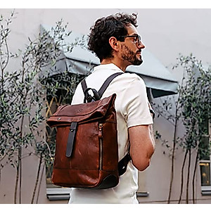 Time Resistance Leather Backpack for Men and Women Stylish Business Travel Backpack for Laptop (Cognac)