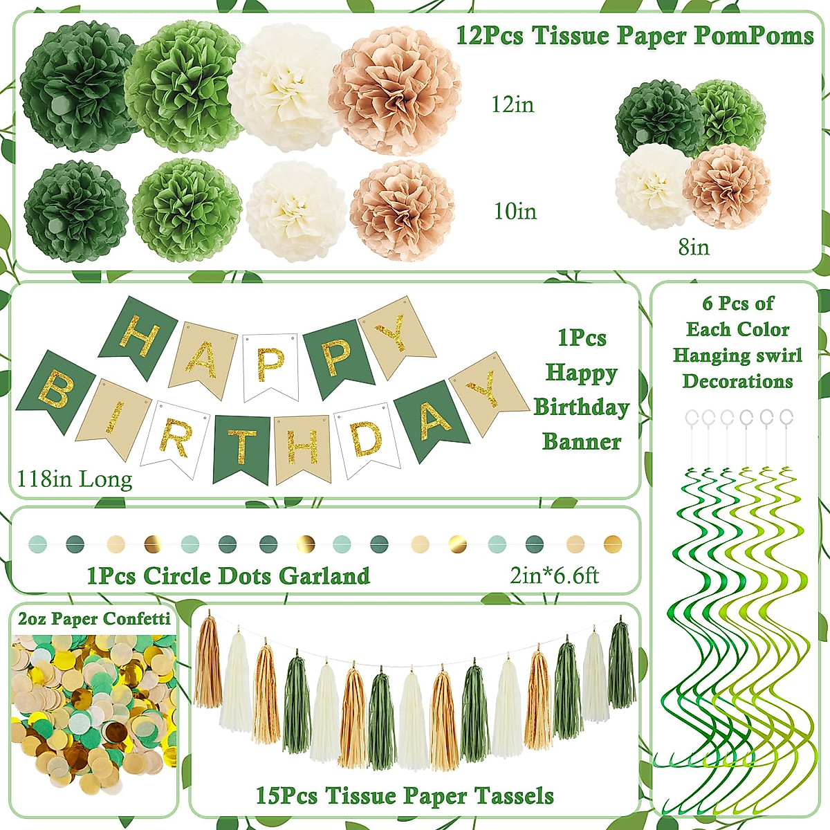 Green Birthday Decorations, Tissue Paper Pom Poms, Happy Birthday Banner, Paper Tassel, Circle Garland, Paper Confetti & Hanging Swirl for Party Decoration