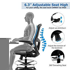 Mid-Back Ergonomic Drafting Chair,Mesh High Desk Chair,Counter Height Desk Chair,Tall Office Chair with Adjustable Foot Ring,Standing Desk Chair with Lumbar Support and PU Arms(Black)