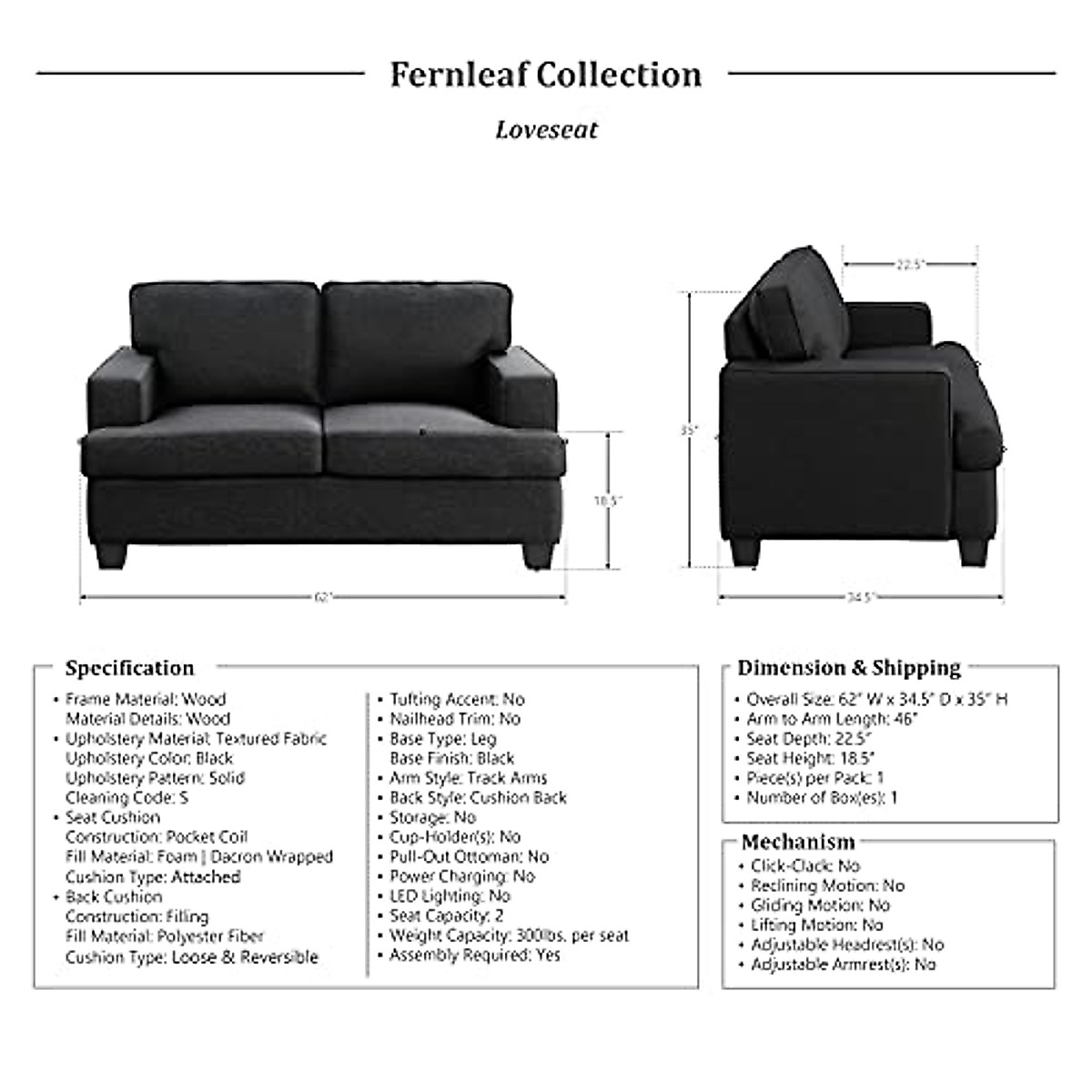 Lexicon Fernleaf Living Room Loveseat, Black