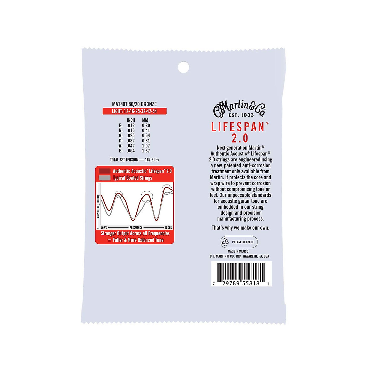 Martin Authentic Acoustic Guitar Strings, Lifespan 2.0 Treated, Light, 80/20 Bronze