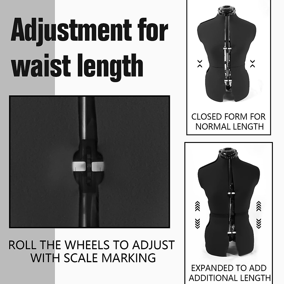PDM WORLDWIDE Black Dress Form Adjustable Mannequin for Sewing, Female Size 6-14 Pinnable Body Form with 13 Dials & Detachable Casters, 42.5"-60" Height Range for Clothing Display, Small to Medium